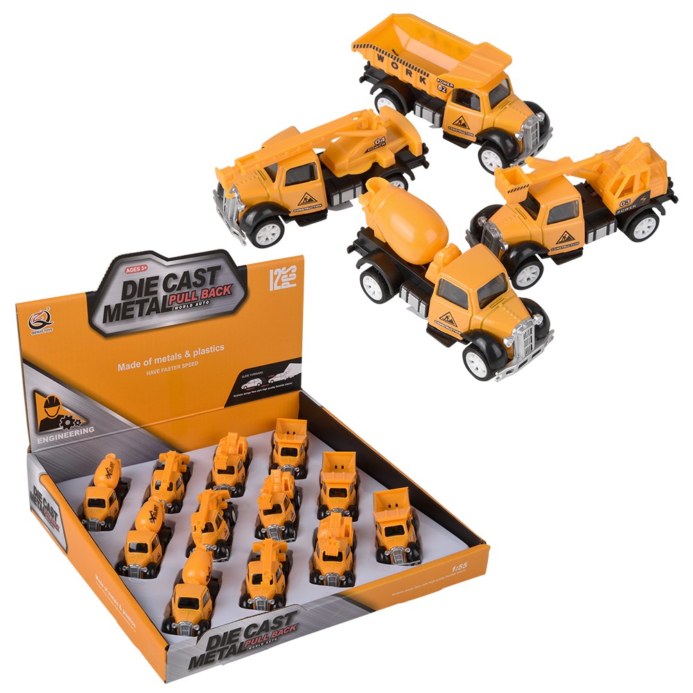 3" Die-Cast Pull Back Construction Vehicles 12ct
